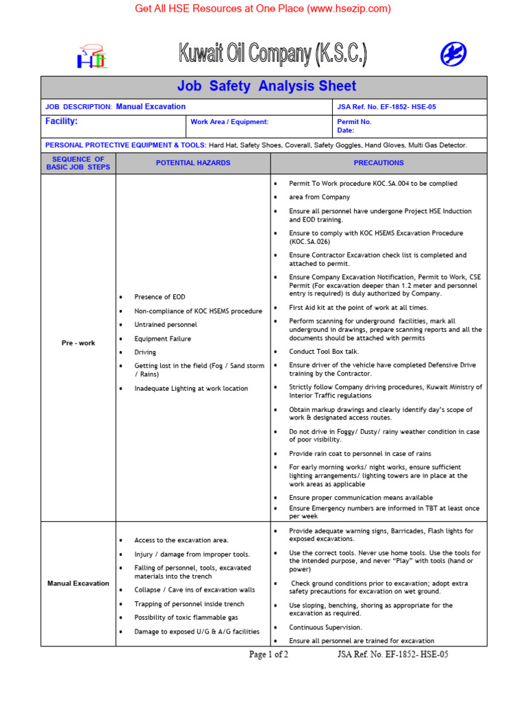 Manual Excavation Job Safety Analysis | PDF | Occupational Safety And ...