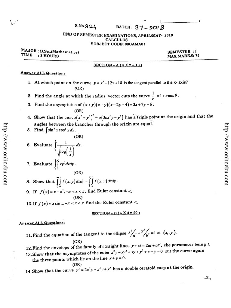 BSC 1 Sem Mathematics Calculus 08uama01 May 2019 | PDF