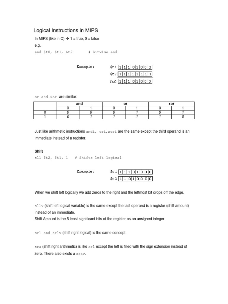 Logical Instructions in MIPS | PDF