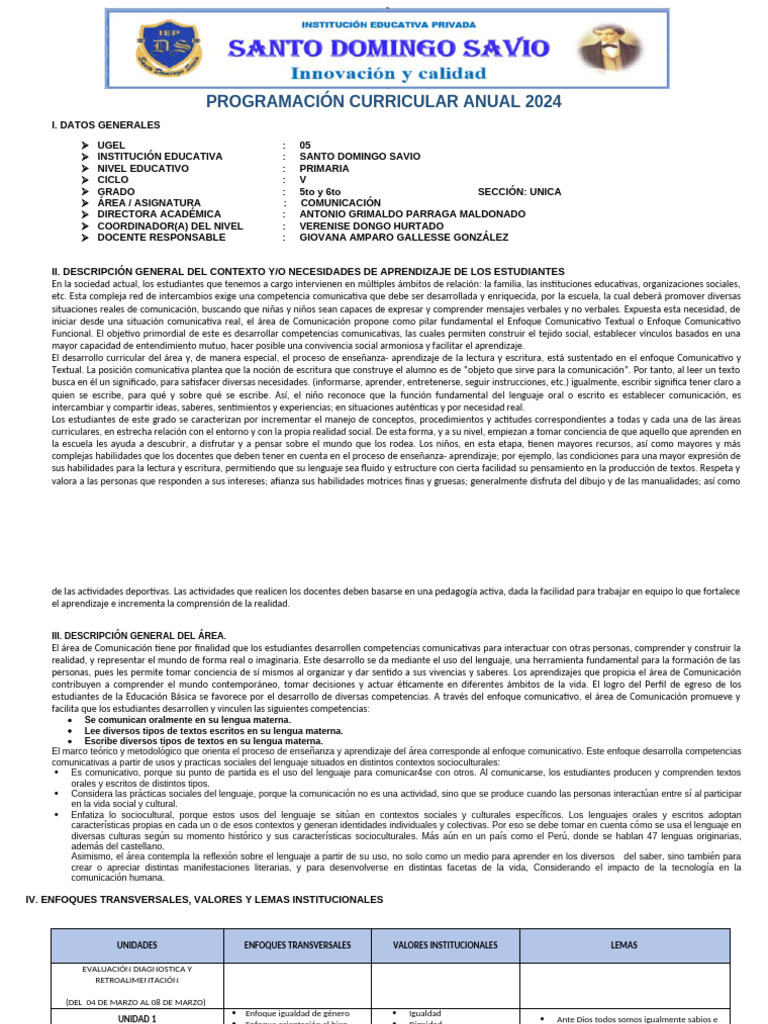 Programación Curricular Anual 2024 5to | PDF | Enseñando | Evaluación