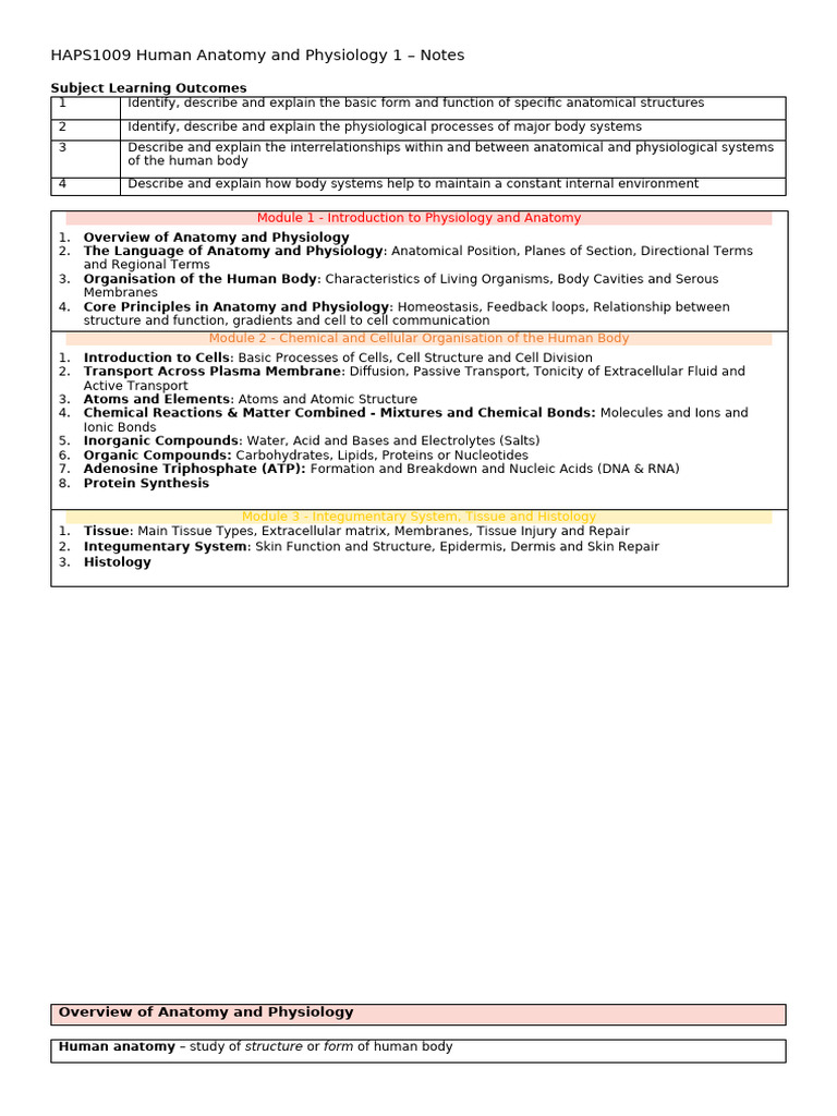 NATS1009 Human Anatomy and Physiology 1 - Notes | PDF | Ion | Cell Membrane