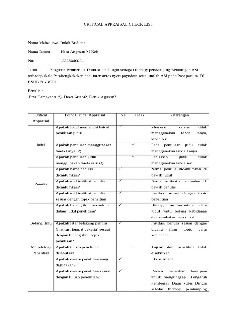Critical Appraisal Check List Indah Budiani | PDF