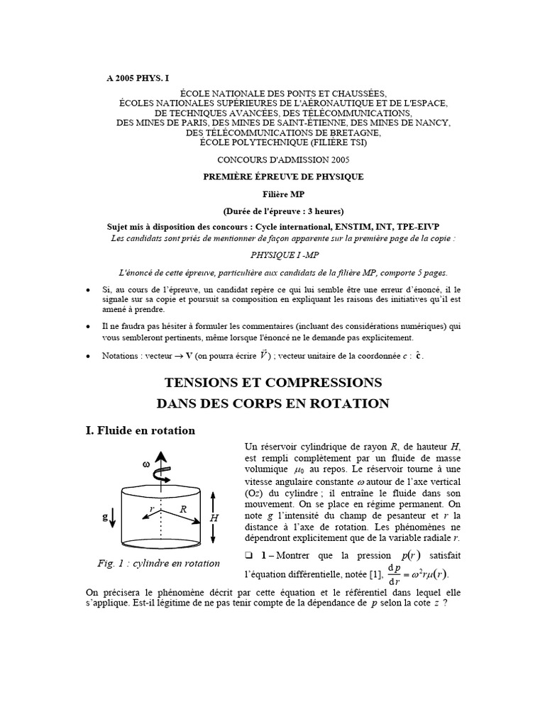 Corrigé Physique I MP 2005 | PDF | Pression | Rotation