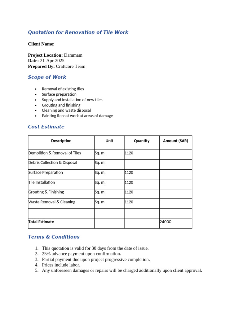 Quotation For Tile Work Renovation, Dammam | PDF