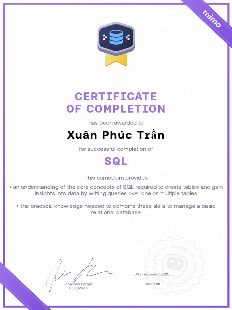 SQL Completion Certificate for Xuân Phúc Trần | PDF