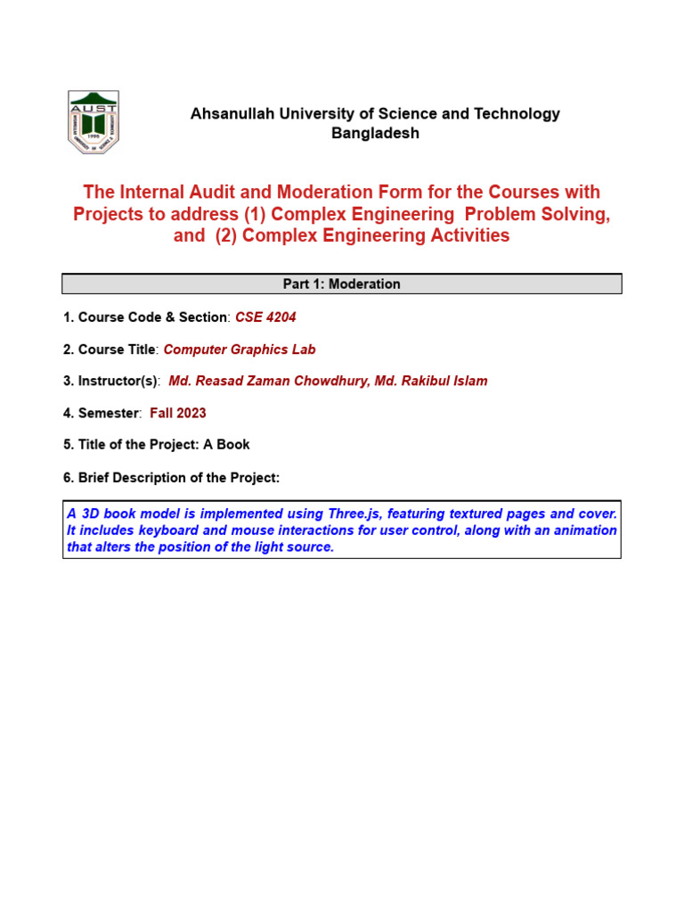 CSE 4204 FYDP Audit and Moderation Form Fall 2024 | PDF | Engineering | 3 D Computer Graphics