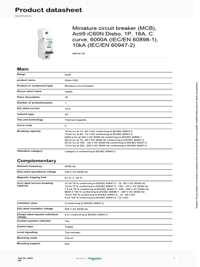 Schneider Electric - Acti9-iC60 - A9F44116 | PDF | Alternating Current ...