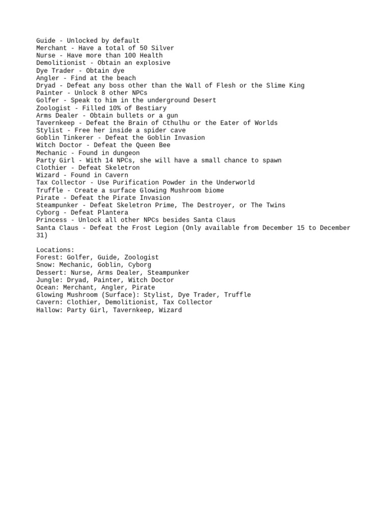 Terraria NPC Information | PDF