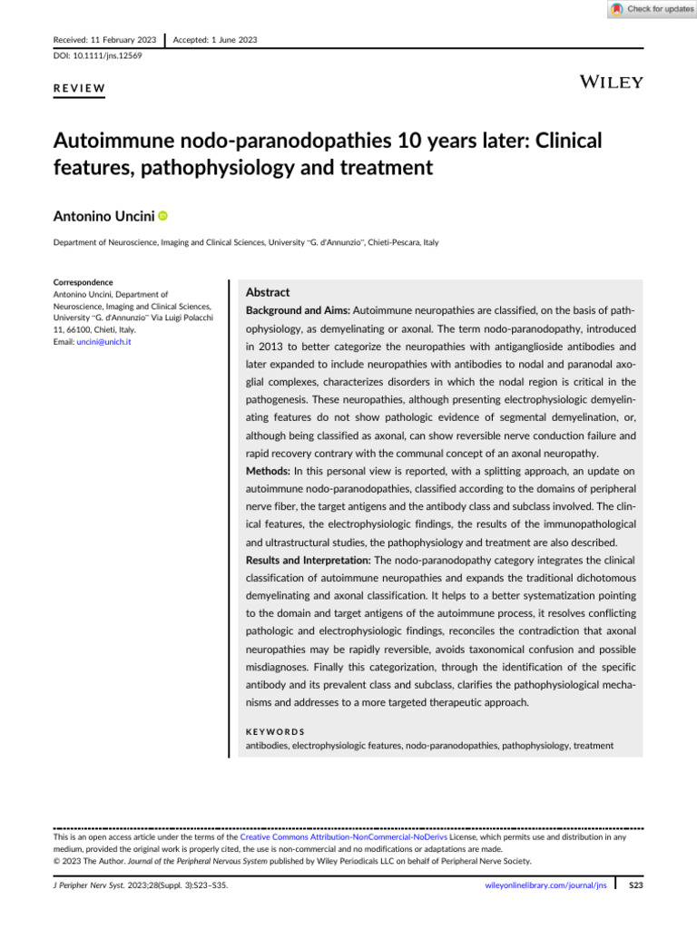 J Peripheral Nervous Sys - 2023 - Uncini - Autoimmune nodo‐paranodopathies 10 years later ...