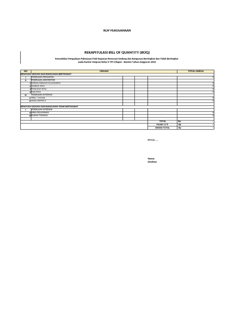 BOQ Renovasi Gedung dan Bangunan Kanim Cilegon 2023 | PDF