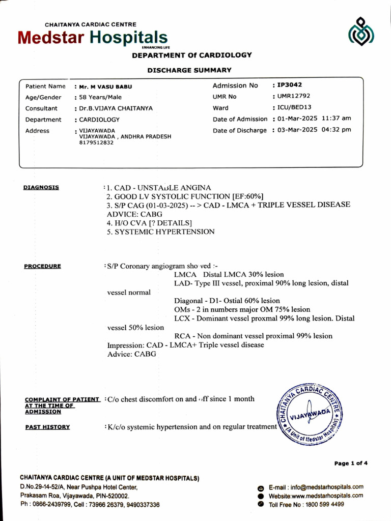 Chaitanya Cardiac Centre Discharge Summary | PDF | Coronary Artery ...