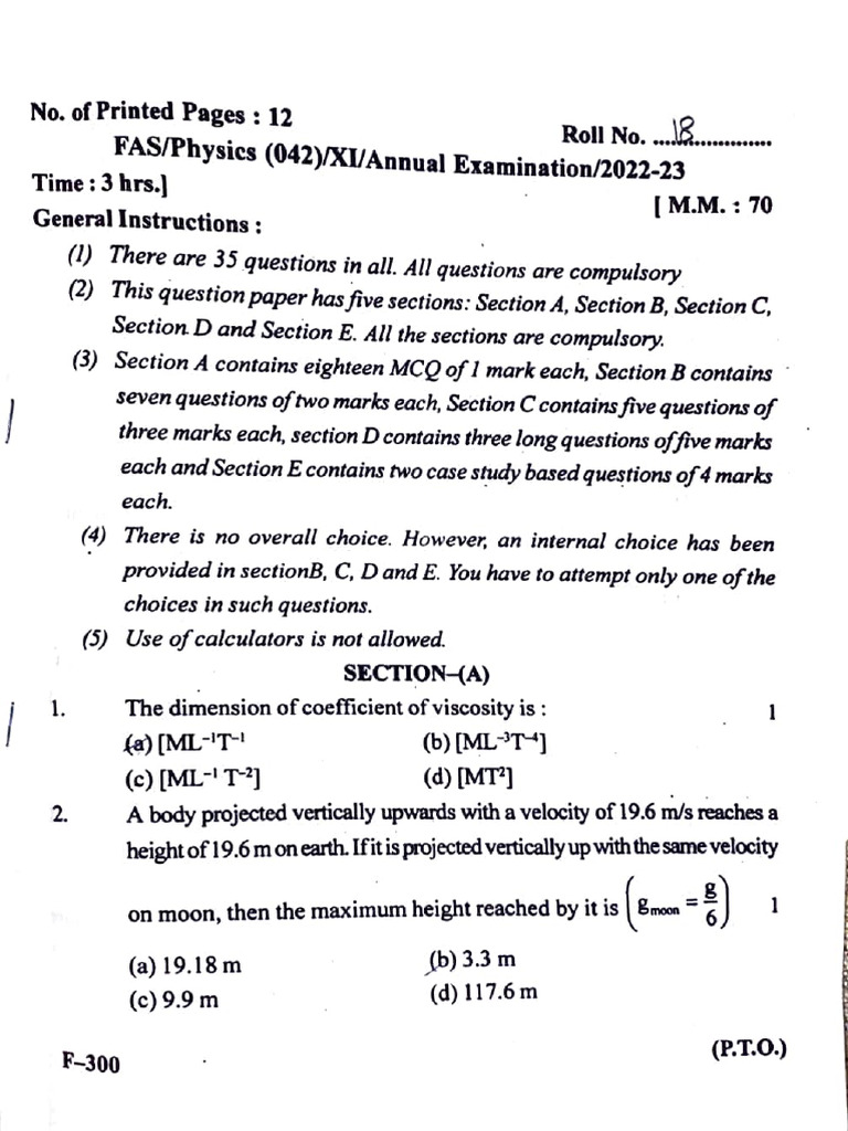 Class 11 Final Exam Paper Father Angel School | PDF | Acceleration | Force