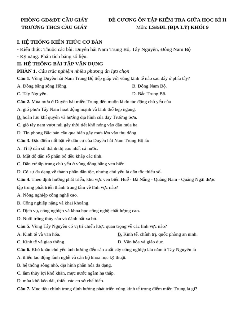 Địa 9.ĐÁP ÁN ĐỀ CƯƠNG.CK2 | PDF