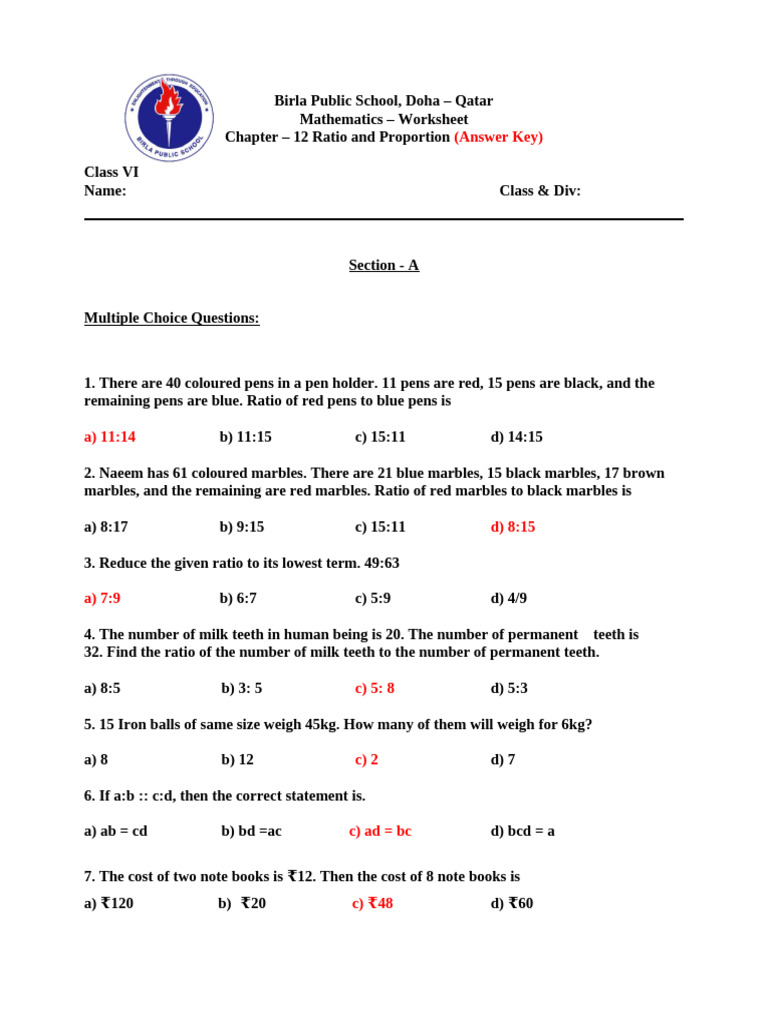 Class VI Ratio and Proportion Worksheet | PDF | Ratio | Mathematics