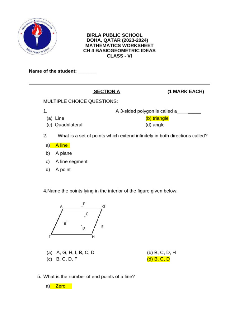 Chapter 4 Basic Geometrical Ideas Answer Key | PDF | Triangle | Line ...