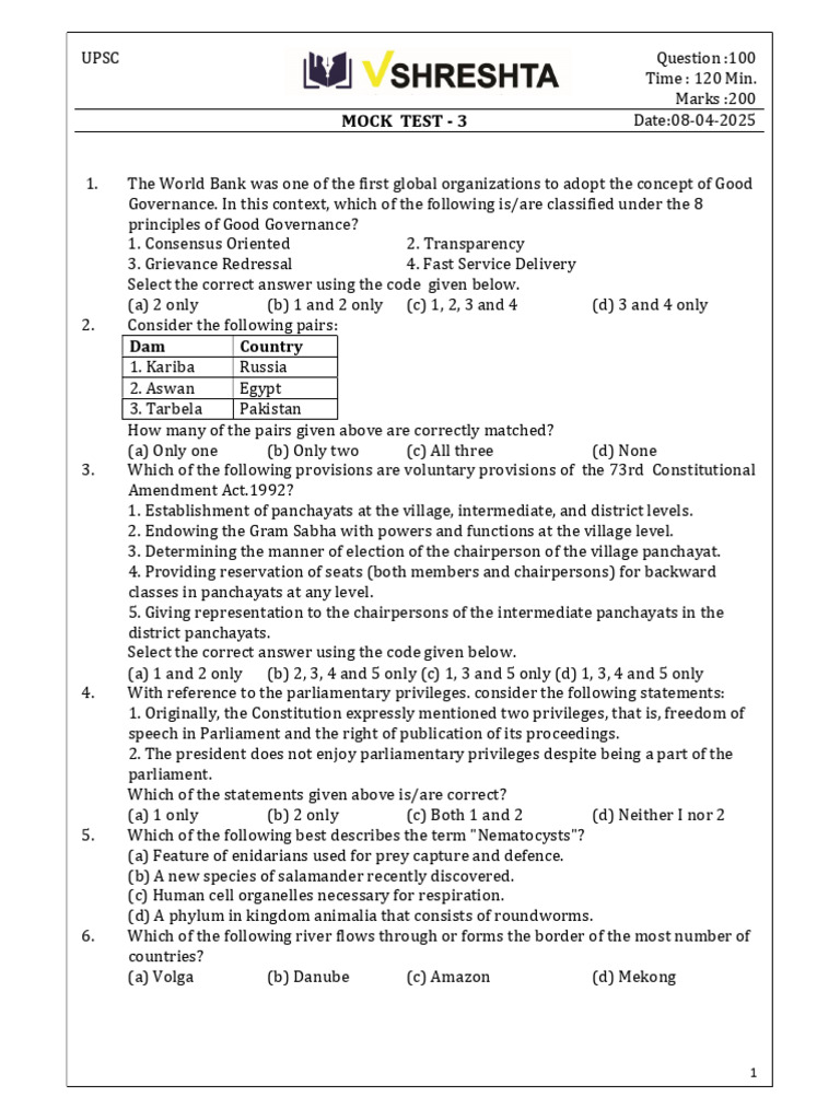 UPSC MOCK TEST -3 (08-04-2025) | PDF | Government | Governance