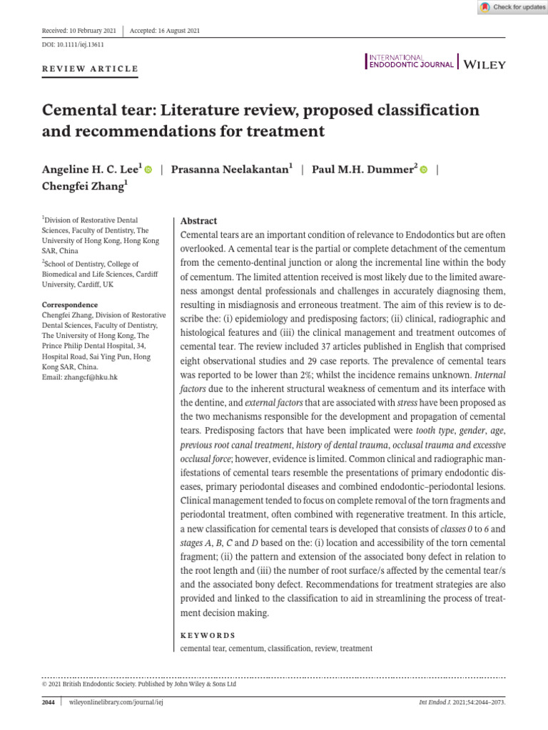 Int Endodontic J - 2021 - Lee - Cemental Tear Literature Review ...