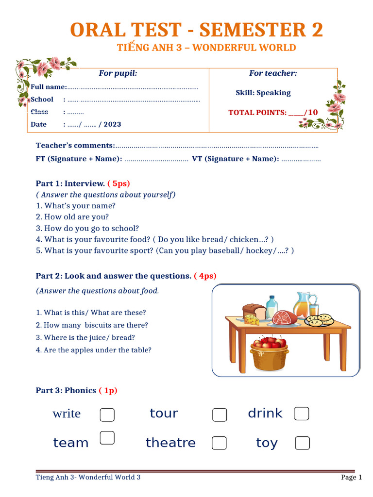 Grade 3 TA - WW-Oral Test 2 (3 K Năng + Speaking) | PDF