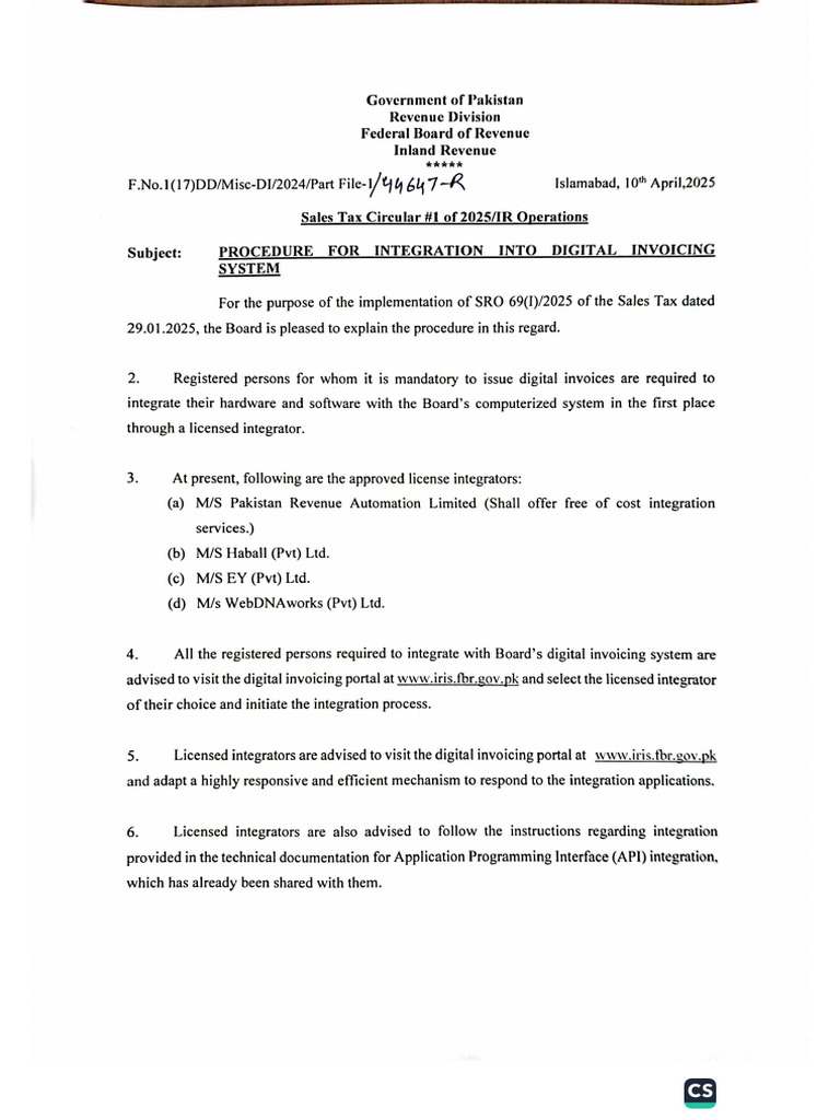 Sales Tax Circular No 01 of 2025 Ir Operations Procedure For ...