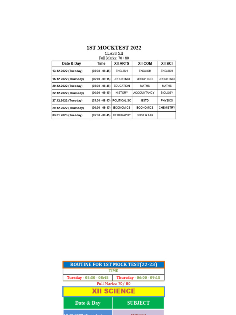 Xii 1ST Mock Test Routine 22-23-1 | PDF