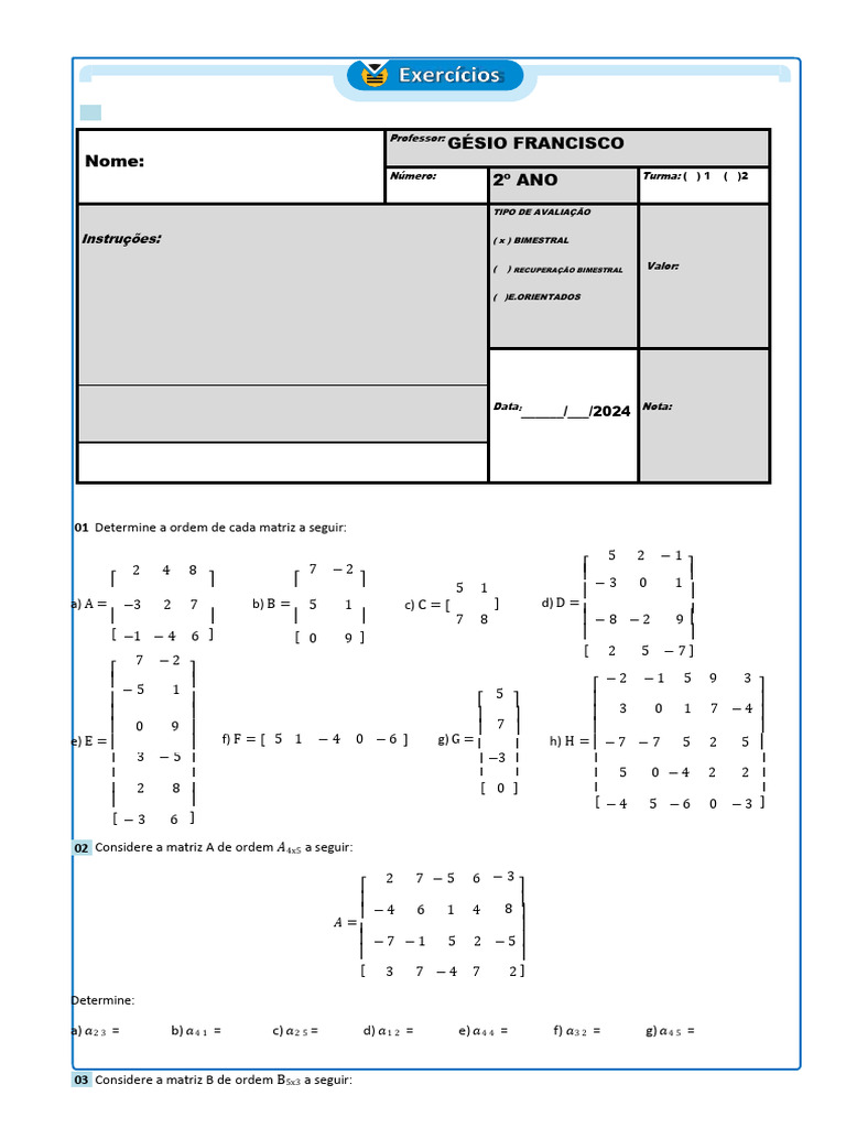 Exercícios de Adição e Subtração de Matrizes | PDF | Matemática ...
