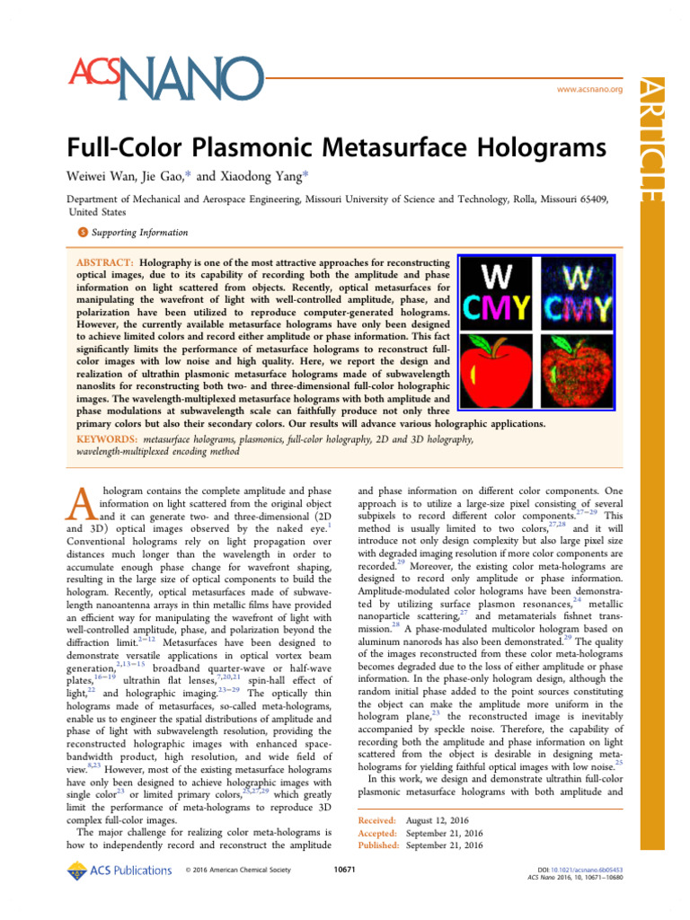 ACSNano - Color Hologram | PDF | Holography | Optics