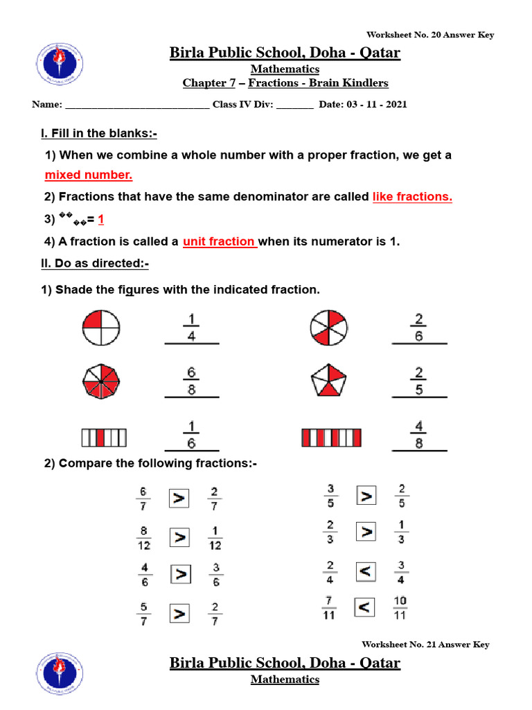 Class 4 Mathematics WS Fractions Answer Key | PDF | Elementary ...