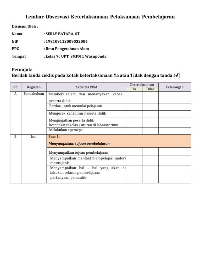 Lembar Observasi Keterlaksanaan Pelaksanaan Pembelajaran PPL | PDF