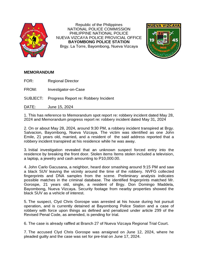 Progress Report on Bayombong Robbery Case | PDF