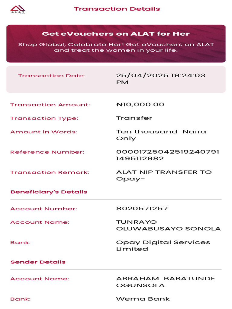 ALAT Transfer Receipt - TUNRAYO OLUWABUSAYO SONOLA - 8020571257 - ₦ ...