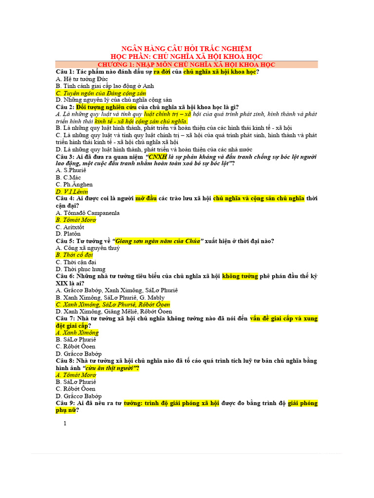 Ngan Hang Cau Hoi Trac Nghiem Cac Chuong Mon Chu Nghia Xa Hoi Khoa Hoc 76580 | PDF
