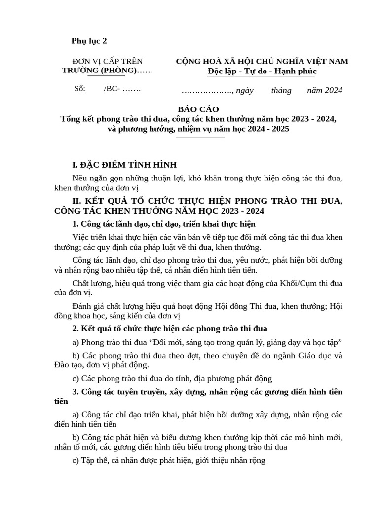 Phu Luc 2 de Cuong BC Tong Ket 2023 2024 | PDF