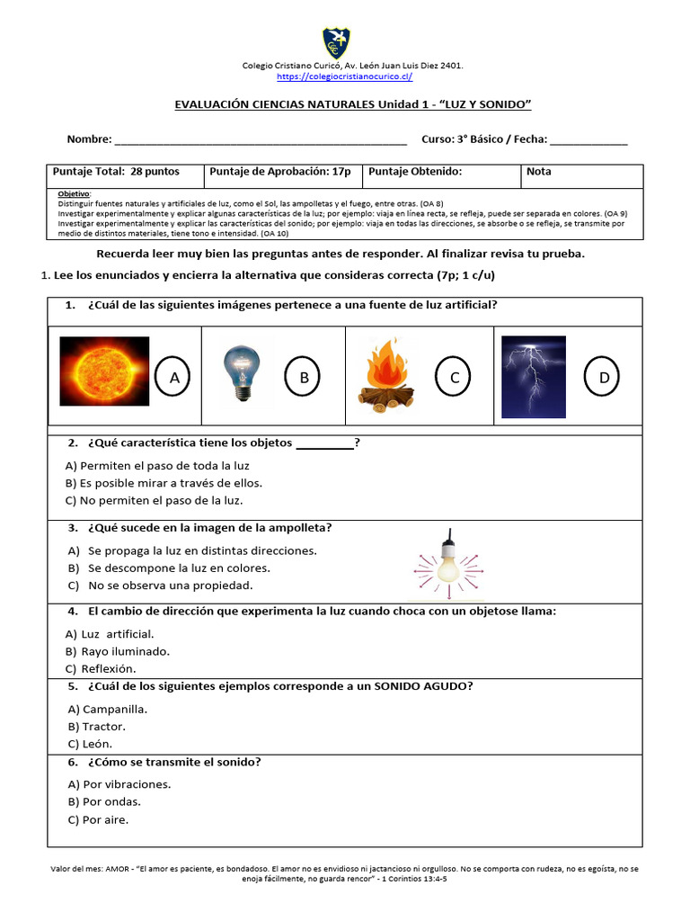 Evaluación Ciencias Naturales 3° Básico | PDF | Ligero | Sonido