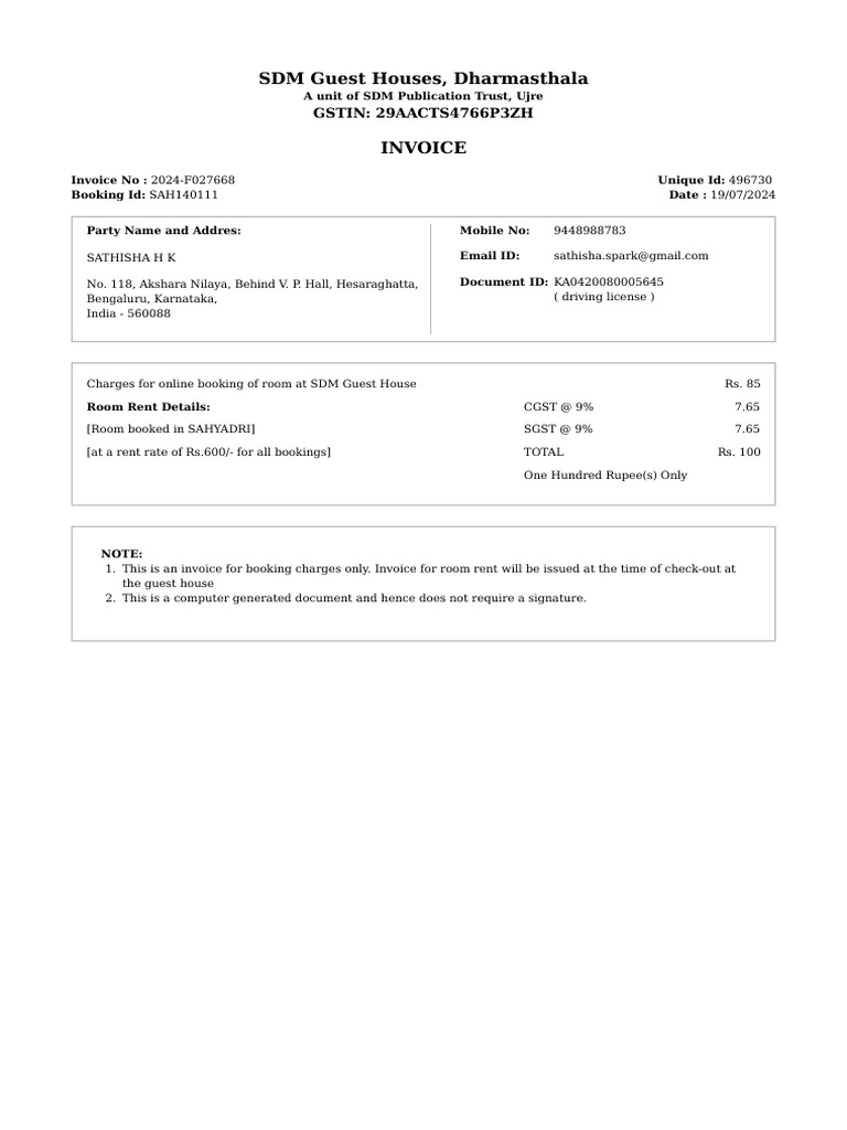 Booking Charges Invoice (SAH140111) | PDF