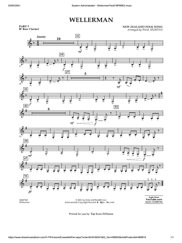 Wellerman (Arr. Paul Murtha) - Pt.5 - BB Bass Clarinet | PDF