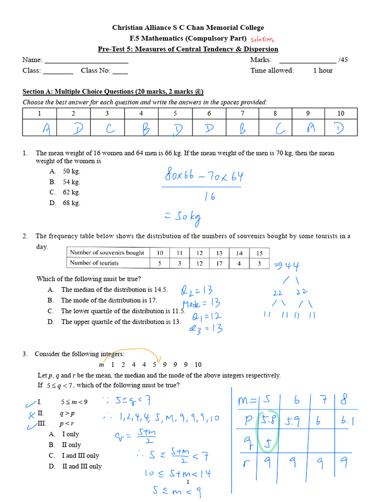 F.5 Math Pre-Test: Central Tendency & Dispersion | PDF | Mean | Mathematics