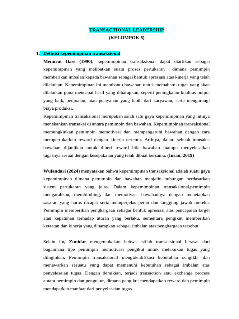 Kepemimpinan Transaksional - Kelompok 6 Kbs | PDF