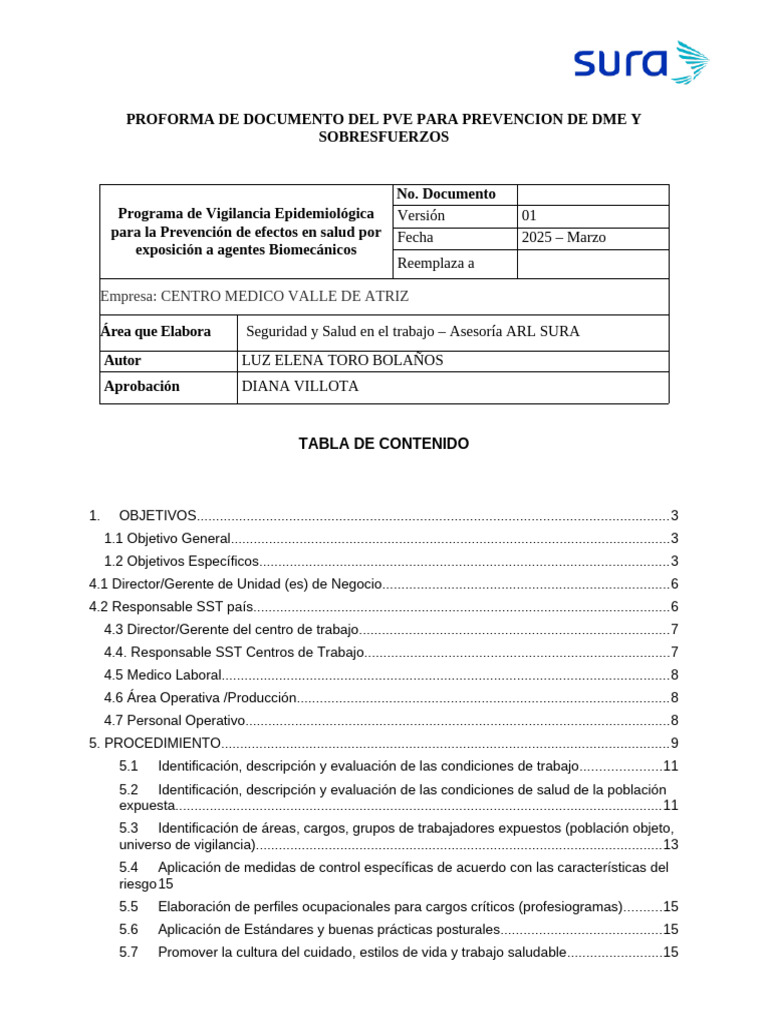 Proforma de Documento Del Pve para Prevencion de Dme y Sobresfuerzos | PDF | Riesgo | Dolor lumbar