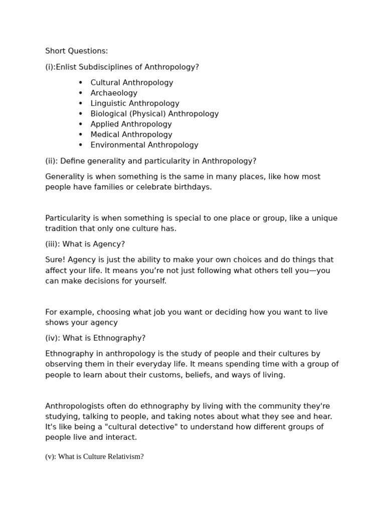 Short Questions of Anthropology . | PDF | Anthropology | Behavioural ...
