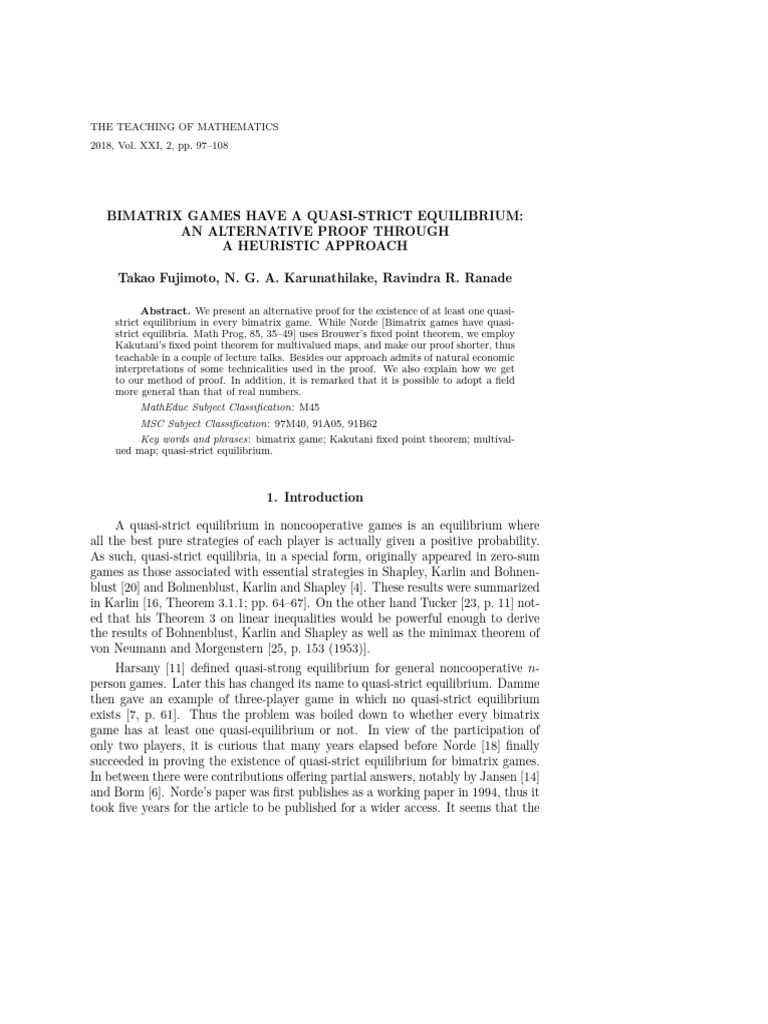 Fujimoto T Karunathilake N Ranade R TM2124 Bimatrix Games Have A Quasi ...