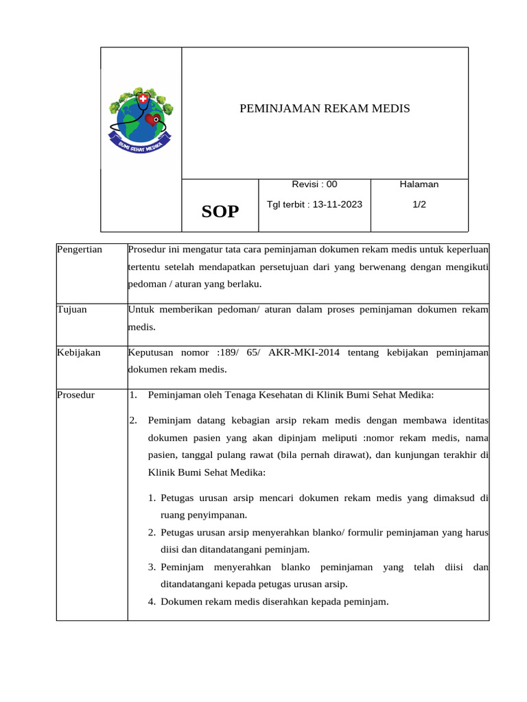Spo Peminjaman Dokumen Rekam Medis | PDF