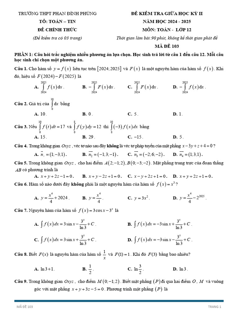 de Giua Hoc Ky 2 Toan 12 Nam 2024 2025 Truong THPT Phan Dinh Phung Ha Noi | PDF