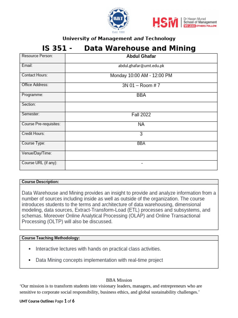BBA Course Outline Data Warehouse and Mining | PDF | Data Warehouse