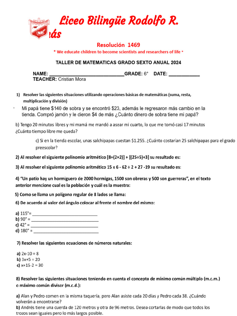 Taller de Recuperacion, Nivelacion y Habilitacion Grado Sexto Matematicas Año 2024 | PDF ...