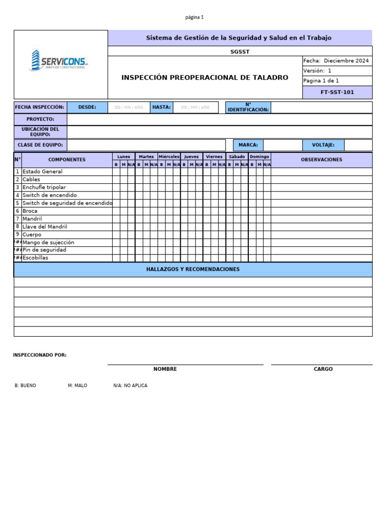 Copia de FT-SST 101 INSPECCIÓN PREOPERACIONAL DE TALADRO OK | PDF