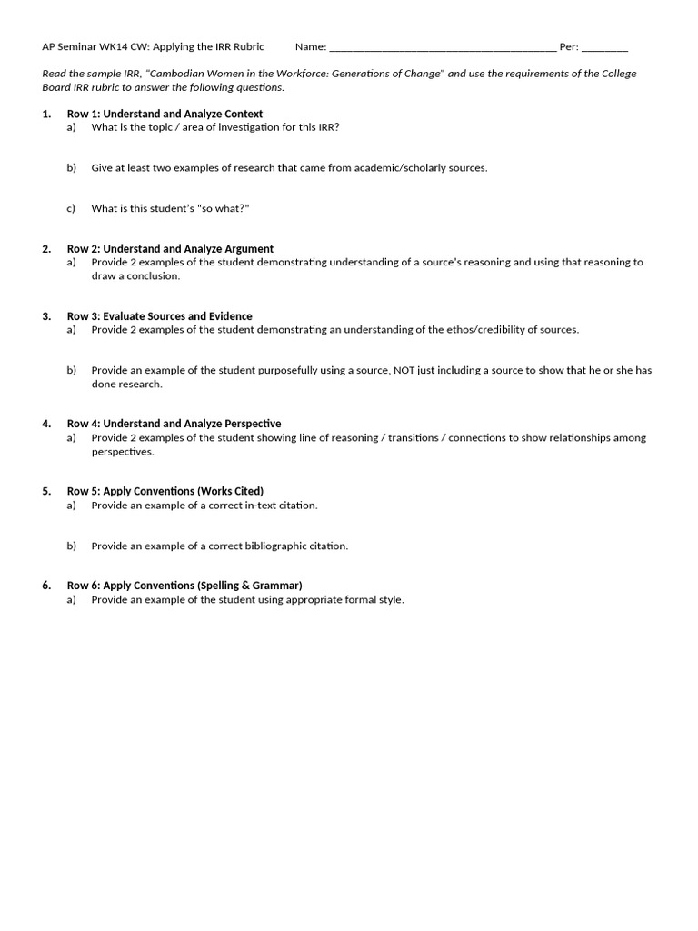 IRR Rubric Analysis for AP Seminar | PDF