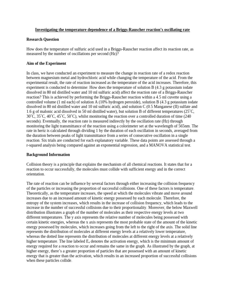 Investigating The Temperature Dependence of A Briggs-Rauscher Reaction ...