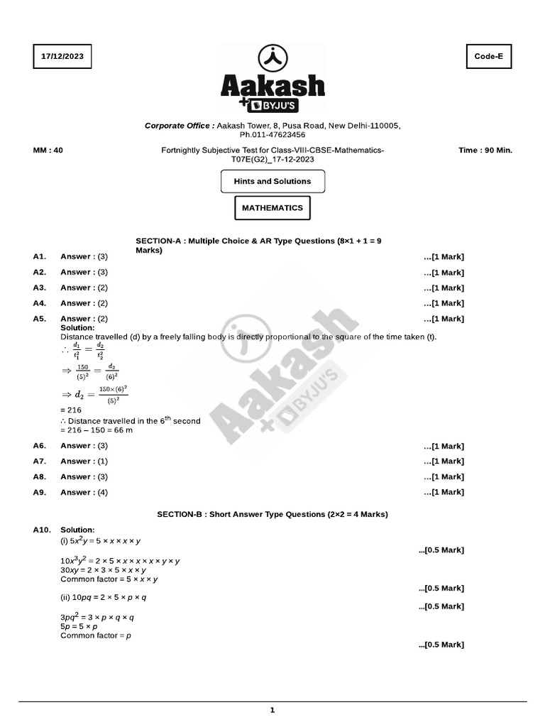 FST-7E (CBSE - G-2) Maths (C-08) (17-12-2023) - SOL | PDF