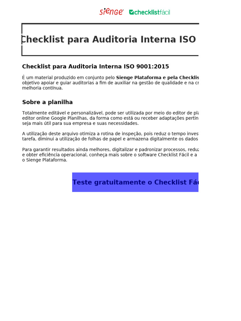 Checklist Auditoria Interna ISO 9001:2015 | PDF | Qualidade (negócios ...