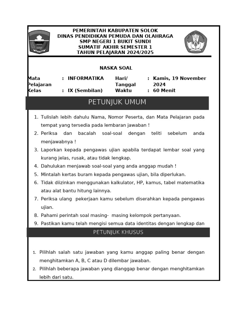 Soal INFORMATIKA Kelas 9 Semester 1 TP | PDF